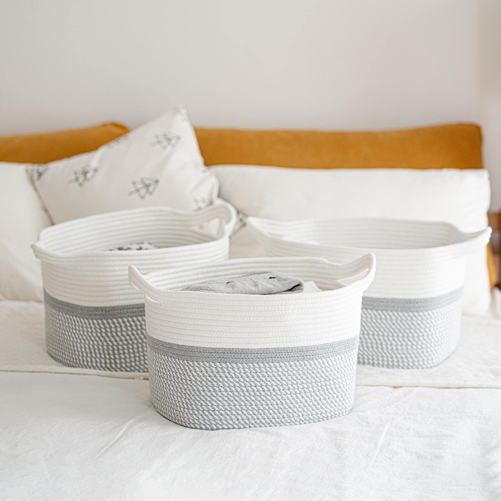 CHICVITA 3-Pack Cotton Rope Storage Baskets, Cube Basket, Under Shelf Basket, Basket Set for Nursery, Books, Socks Towels, Blankets, Gray