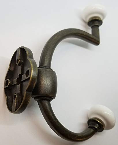Double Front Mount Coat Hook Porcelain Knobs Old Classic Vintage Rack hat Jacket Retro (Antique Brass)