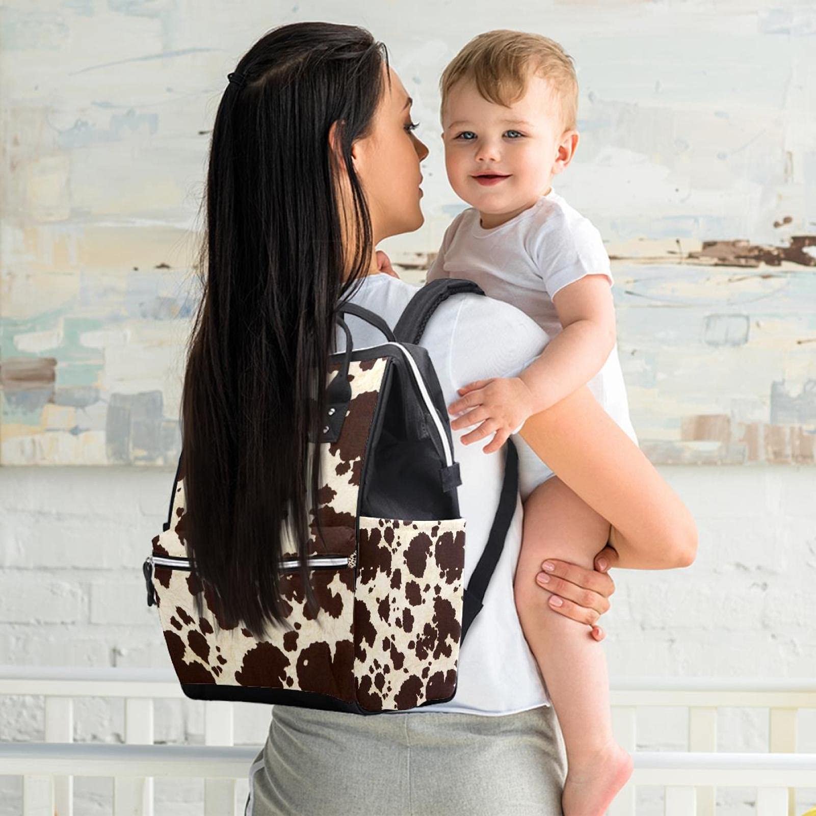 DJROW Big Cow Fur Print Pattern Diaper Tote Bags Mummy Backpack Large Capacity Nappy Bag Nursing Traveling Bag for Baby Care, multicolor, 10.6x7.8x14in