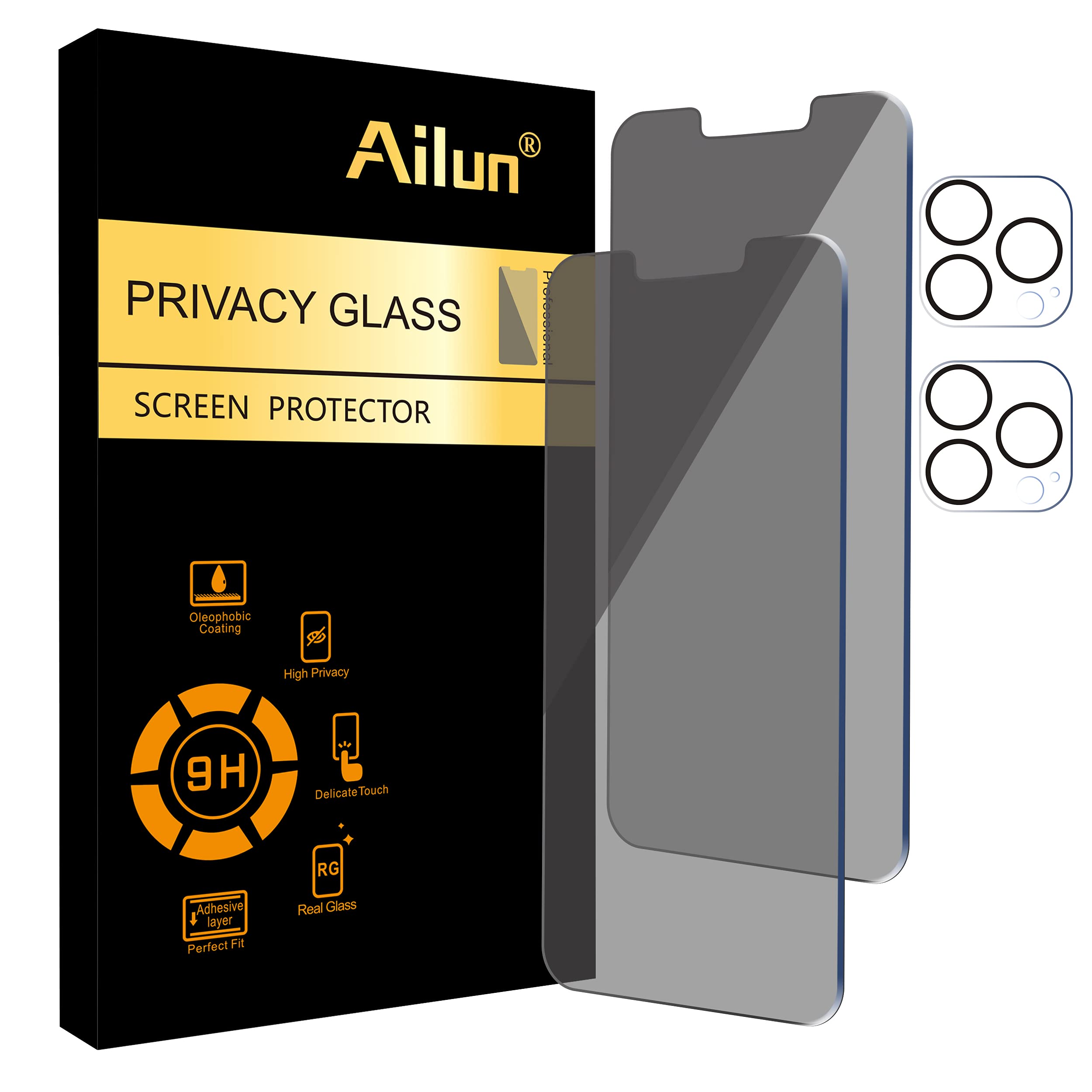 Ailun 2Pack Privacy Screen Protector for iPhone 13 Pro [6.1 inch Display] + 2 Pack Camera Lens Protector, Anti Spy Private Tempered Glass Film,[9H Hardness] - HD[4 Pack]