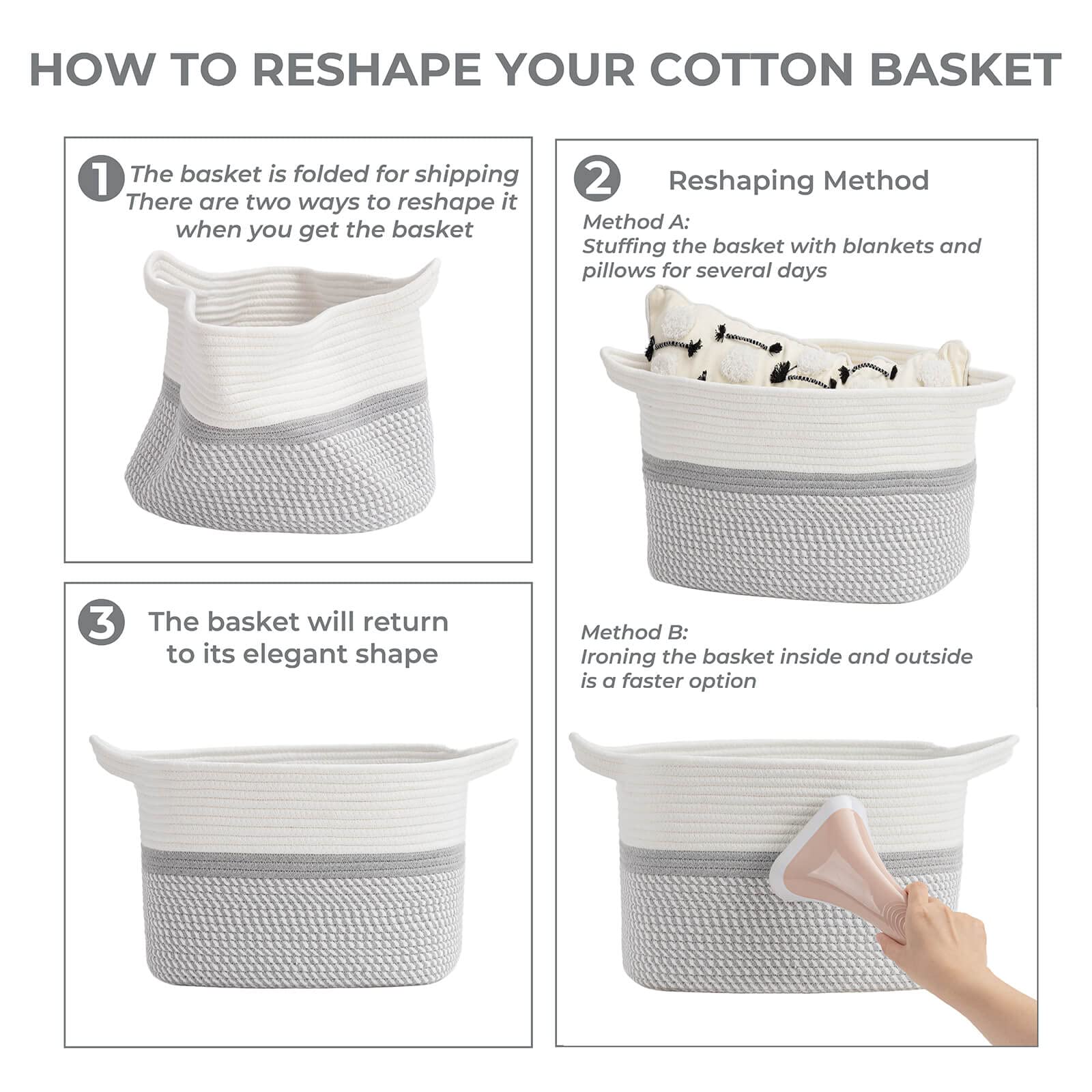 CHICVITA 3-Pack Cotton Rope Storage Baskets, Cube Basket, Under Shelf Basket, Basket Set for Nursery, Books, Socks Towels, Blankets, Gray