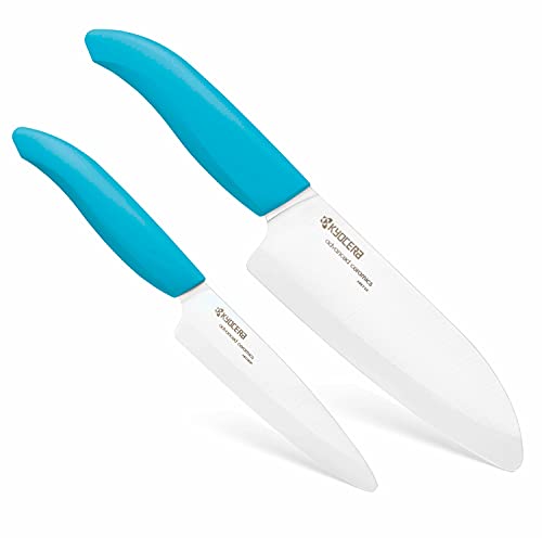 Kyocera Revolution 2-Piece Ceramic Knife Set: Chef Knife For Your Cooking Needs, 5.5" Santoku and 4.5" Utility Knife, White Blades with Blue Handles, White/Blue