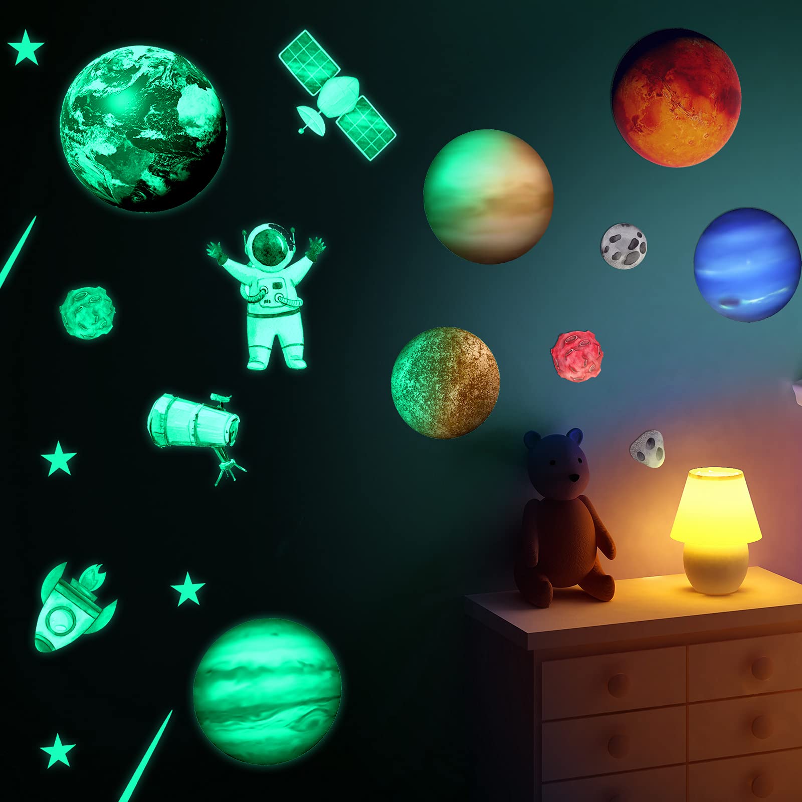 71 Pieces Glow in The Dark Solar System Wall Decals, Glowing Stars Planets for Ceiling Galaxy Astronaut Rocket Space Shooting Stars Wall Decor Stickers for Girls Boys Kids Bedroom Living Room