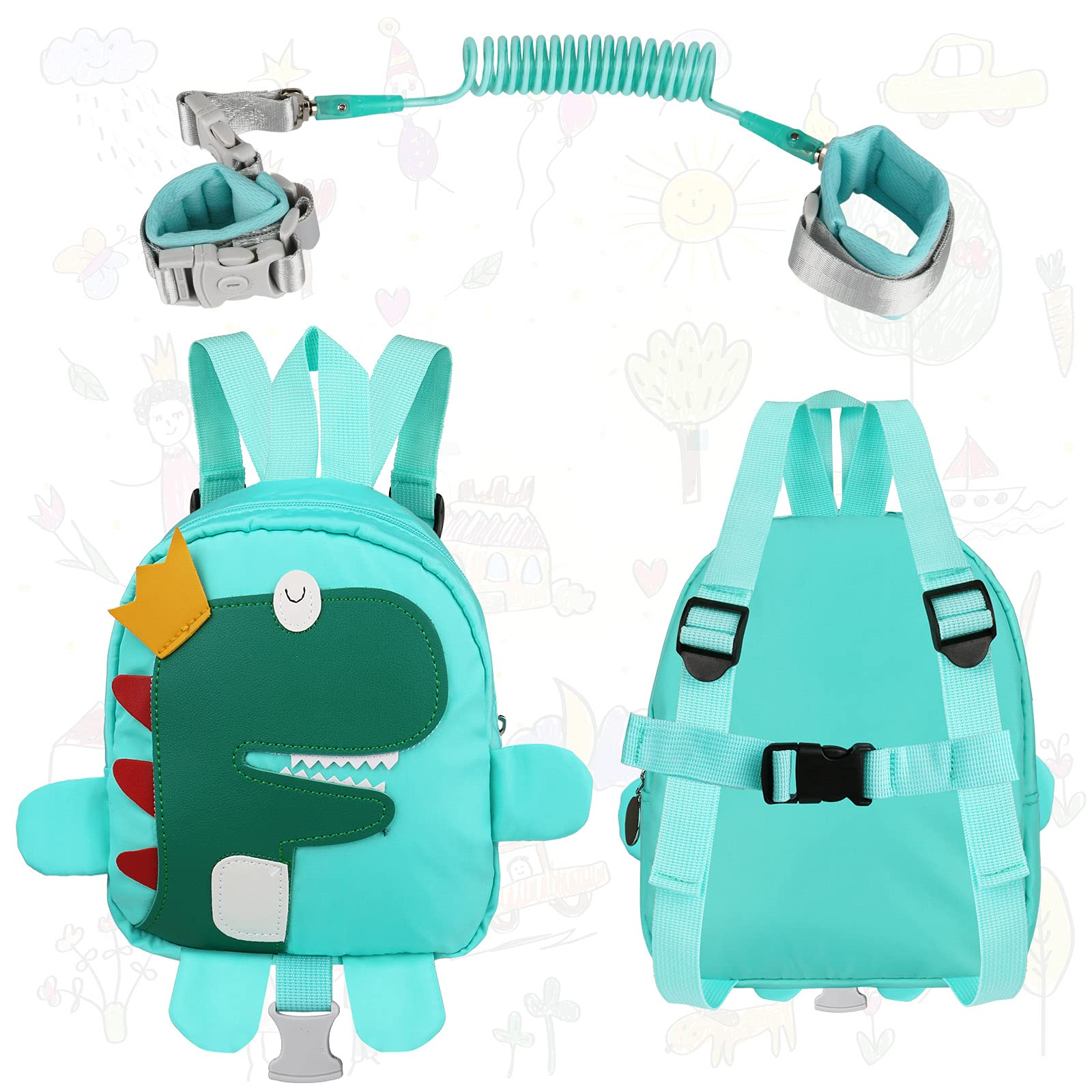 Backpack Leash for Toddlers + Anti Lost Wrist Link, Dinosaur Kids Backpack Harness with Leash for 1-5 Years Old Boys and Girls Christmas Gift (Dinosaur Blue)