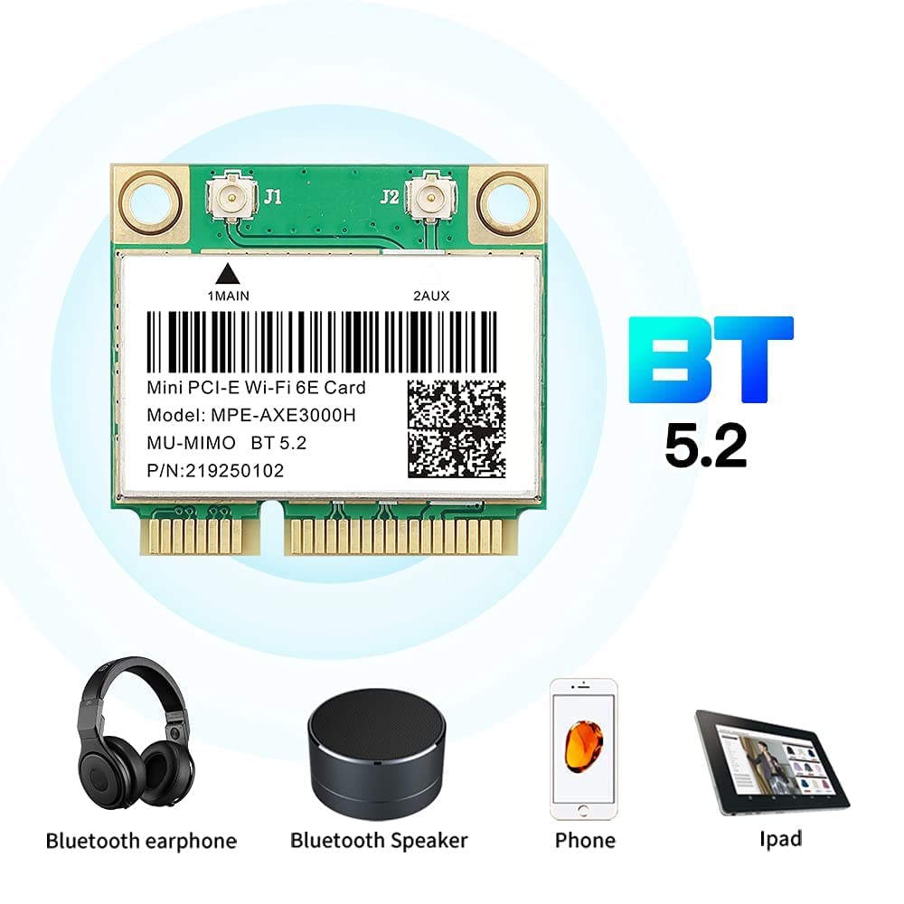 WiFi 6E Half Mini PCI-E WiFi Network Card 802.11AX AC MPE-AXE3000H 2.4GHz 5GHz 6GHz 5400Mbps Wireless Card BT5.2 MU-MIMO Mini PCIe Wi-Fi 6E Adapter OFDMA vPro for Windows 10/11 PC Laptops