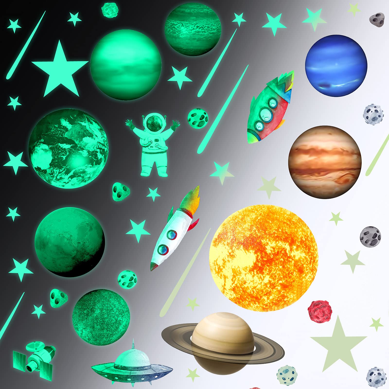 71 Pieces Glow in The Dark Solar System Wall Decals, Glowing Stars Planets for Ceiling Galaxy Astronaut Rocket Space Shooting Stars Wall Decor Stickers for Girls Boys Kids Bedroom Living Room