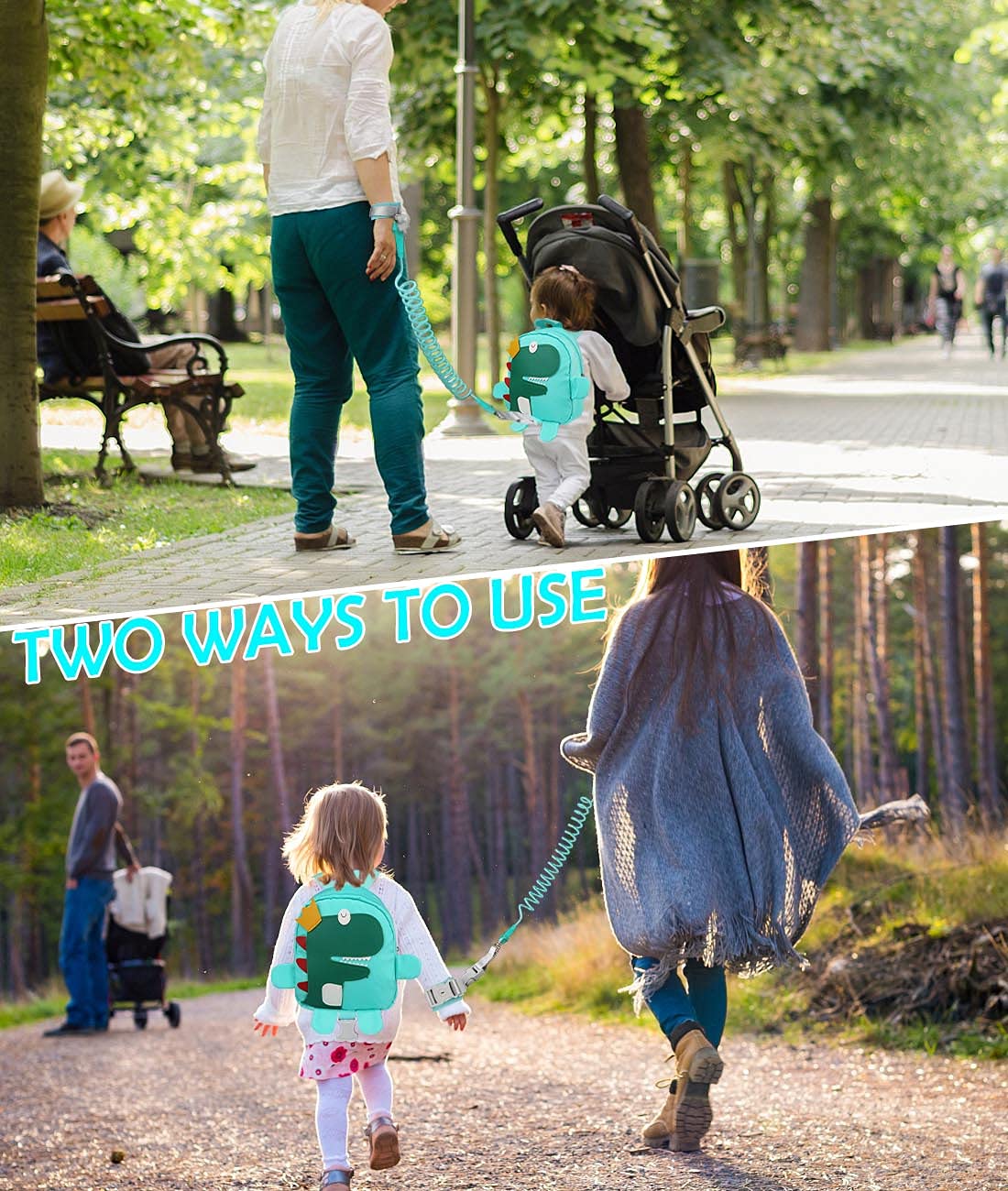 Backpack Leash for Toddlers + Anti Lost Wrist Link, Dinosaur Kids Backpack Harness with Leash for 1-5 Years Old Boys and Girls Christmas Gift (Dinosaur Blue)