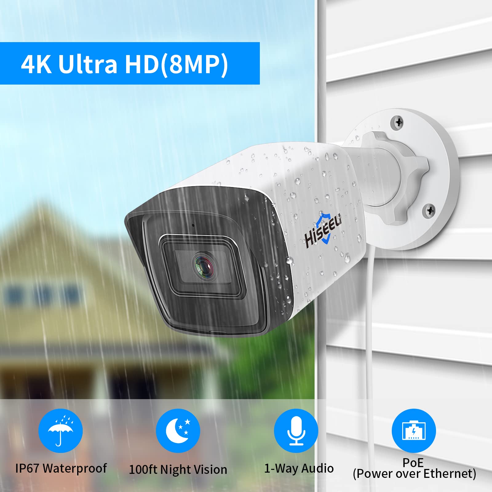 Hiseeu 4K PoE Security Camera, H.265+ 8MP IP Outdoor Camera w/ 1-Way Audio, IP67 Waterproof Exterior Security Camera with SD Slot,100ft Night Vision, Free APP Remote Access, Hikvision DS-2CD2085G1-I