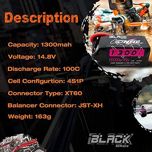 CNHL 1300mAh 4S Lipo Battery 14.8V 100C (Burst 200C) with XT60 for FPV Racing Helicopter Airplane UAV Racing Drone Battery RC Quadcopter(2 Packs)