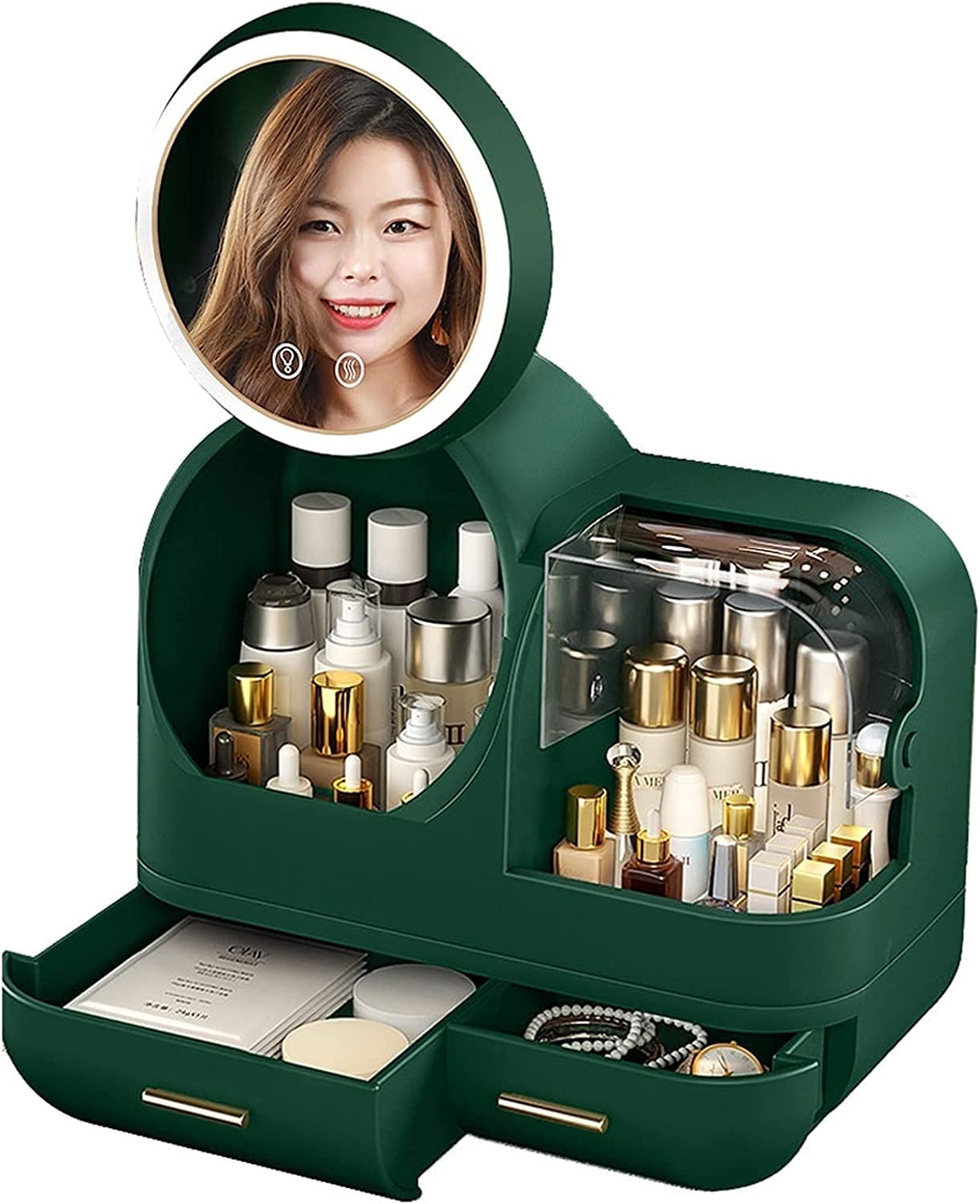 YXYH Cosmetic Organizer with Fan and 360° Rotating LED Mirror 3 Color Adjustable Standing Countertop Multifunctional Makeup Storage Box ( White)