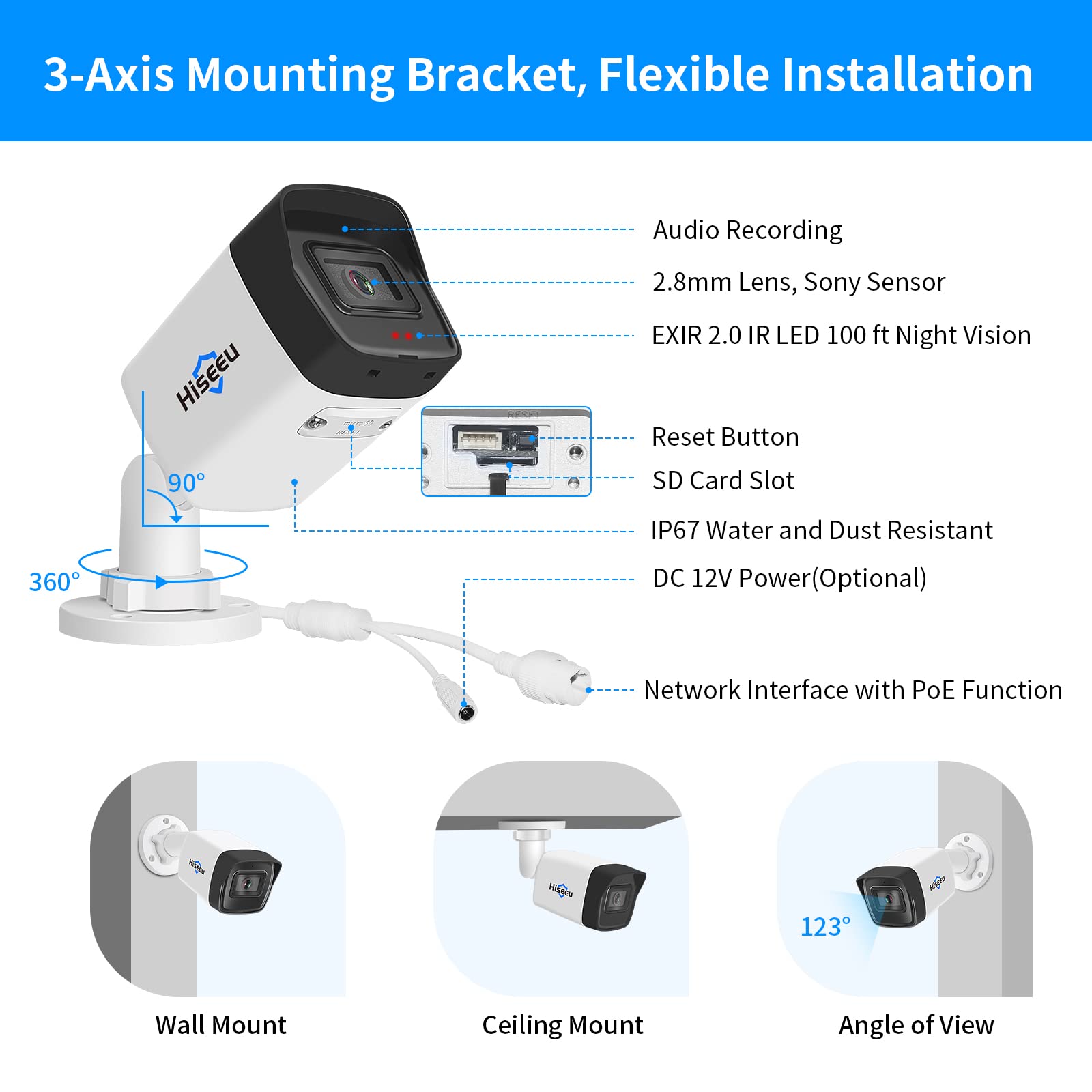 Hiseeu 4K PoE Security Camera, H.265+ 8MP IP Outdoor Camera w/ 1-Way Audio, IP67 Waterproof Exterior Security Camera with SD Slot,100ft Night Vision, Free APP Remote Access, Hikvision DS-2CD2085G1-I