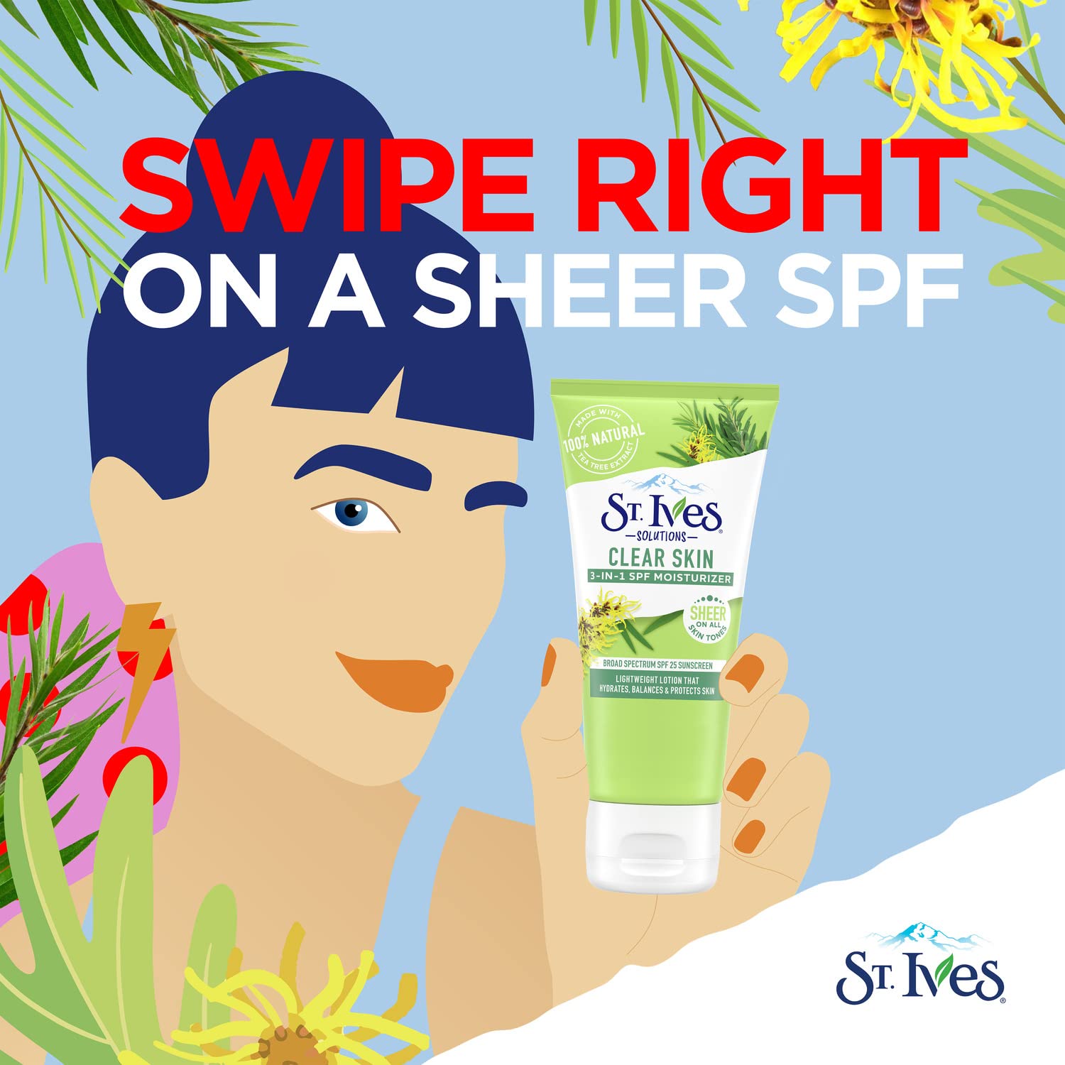 St. Ives Clear Skin Lotion - 3-in-1 SPF 25 Face Moisturizer for Acne Prone, Oily, or Combo Skin, Lightweight Sheer Daily Face Lotion with Tea Tree Extract & Witch Hazel, 3 Fl Oz