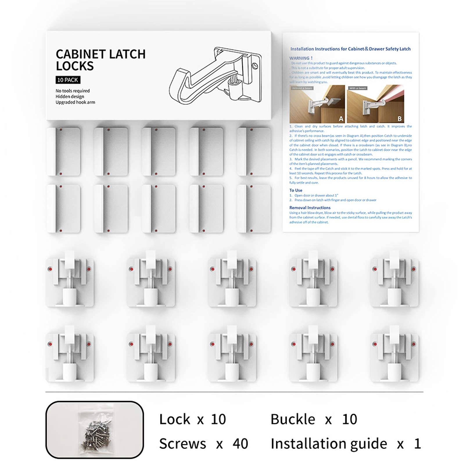 Cupboard Locks for Children - Child Safety Locks, Baby Proofing Drawer Kit Latches - No Drilling - Non Magnetic Child Proof Kitchen Cabinet Lock for Babies - Childproof - 10 Pack