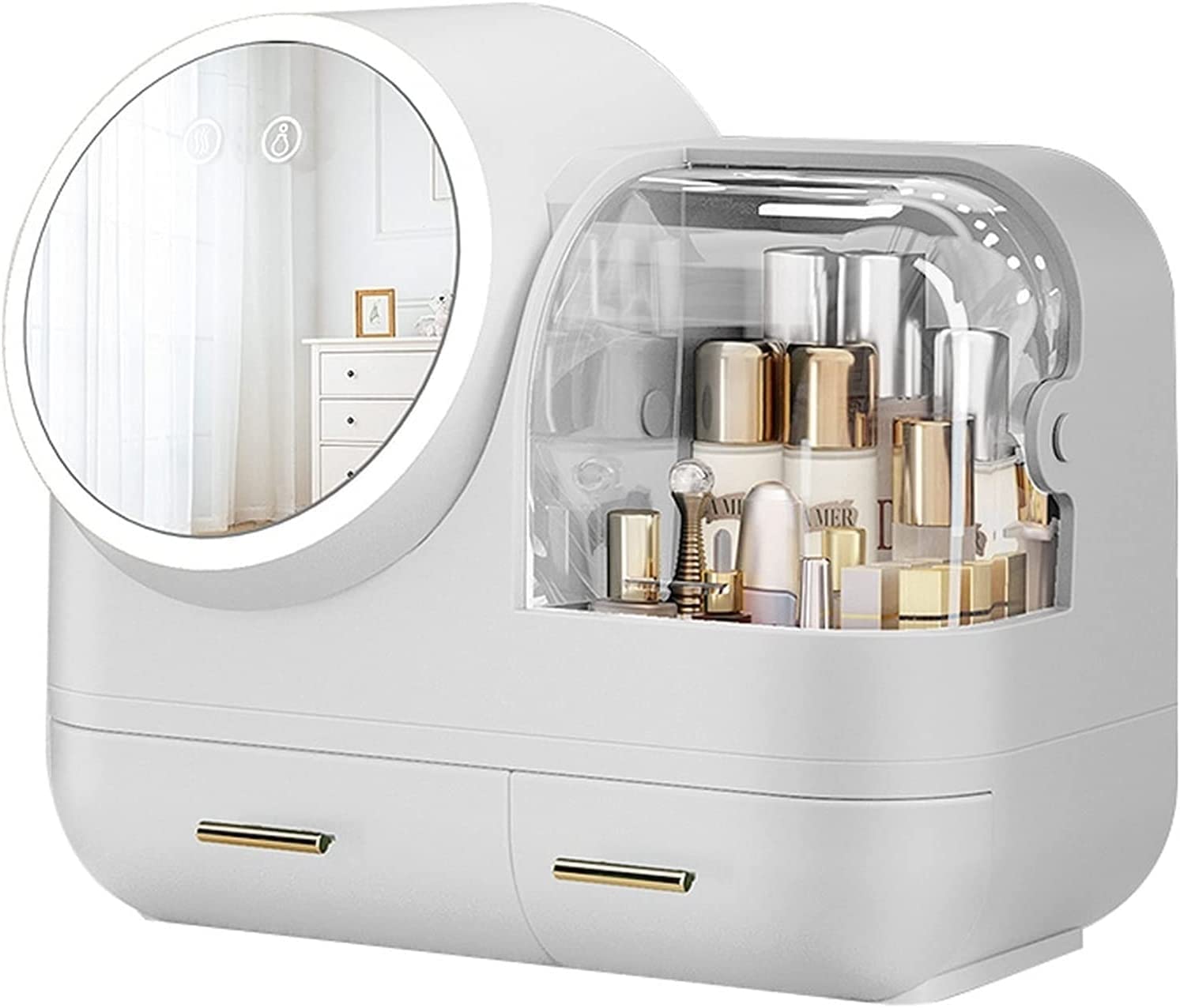 YXYH Cosmetic Organizer with Fan and 360° Rotating LED Mirror 3 Color Adjustable Standing Countertop Multifunctional Makeup Storage Box ( White)