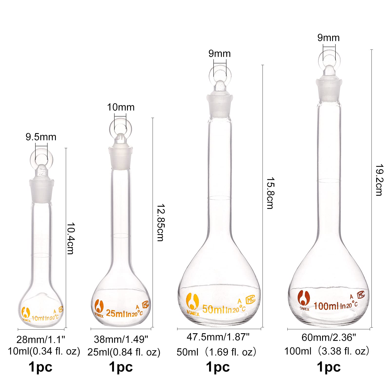 OLYCRAFT 4pcs Volumetric Flask 10ml/25ml/50ml/100ml Volumetric Flask Set with Glass Cap Durability & Chemical Resistance Glass Bottle for Laboratory Project