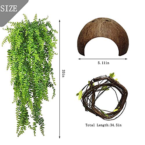 PINVNBY Bearded Dragon Habitat Decor Reptile Hammock Lizard Terrarium Lounger Ladder Accessories Coconut Shell Hut Hideout Cave Natural Seagrass Jungle Climber Tank Decoration for Gecko,Snake(5 Pcs)