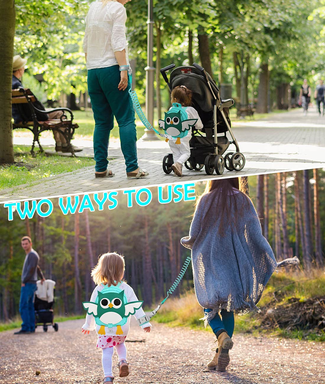 Yuepin Backpack Leash for Toddlers + Anti Lost Wrist Link, Owl Kids Backpack Harness with Leash for 1-5 Years Old Boys and Girls Christmas Gift (Owl Blue)