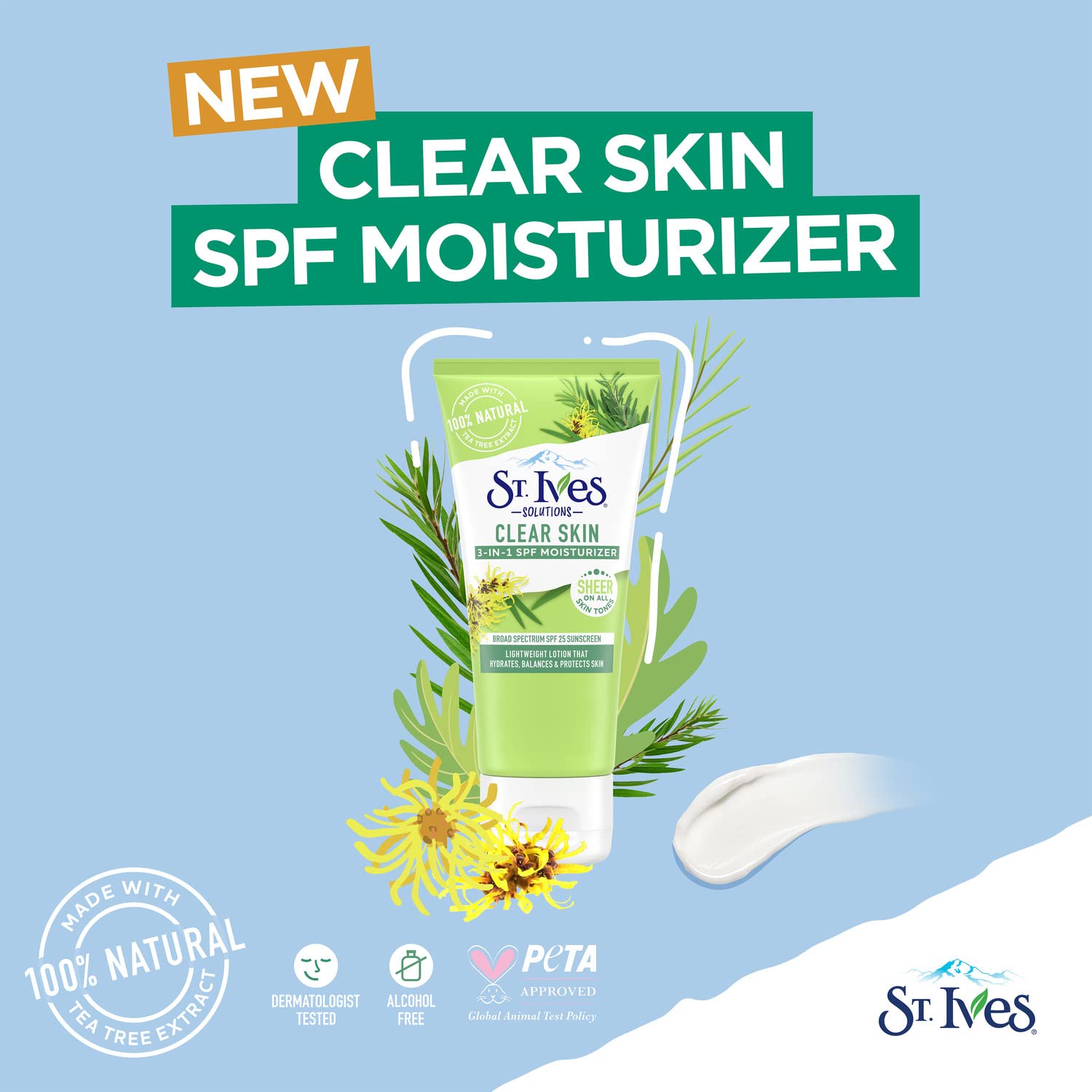 St. Ives Clear Skin Lotion - 3-in-1 SPF 25 Face Moisturizer for Acne Prone, Oily, or Combo Skin, Lightweight Sheer Daily Face Lotion with Tea Tree Extract & Witch Hazel, 3 Fl Oz