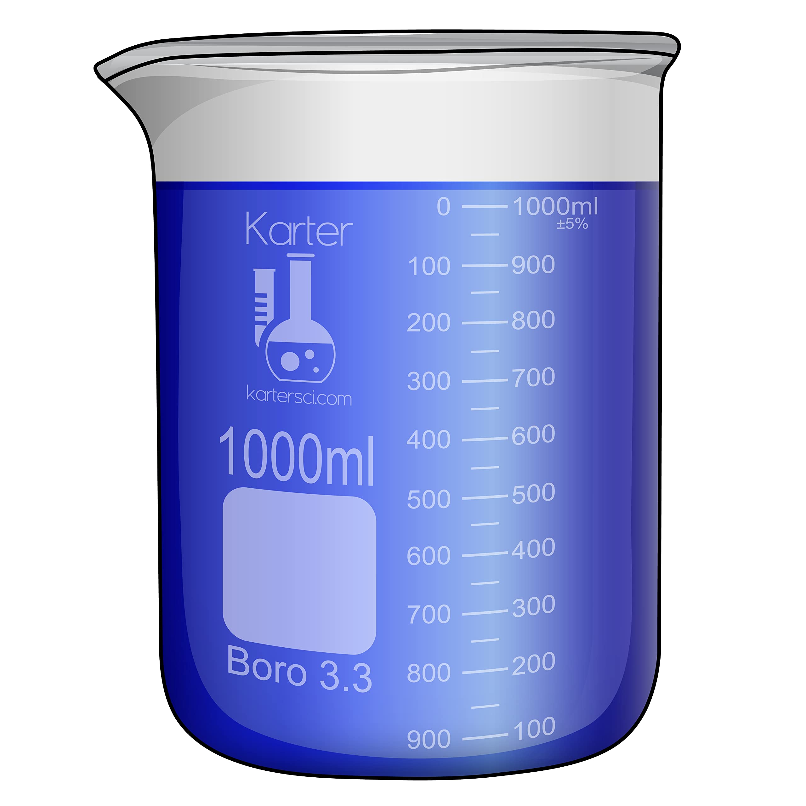 1000ml Griffin Borosilicate Glass Beaker - Low Form Graduated Measuring Beaker with Spout, Karter Scientific (Pack of 3)