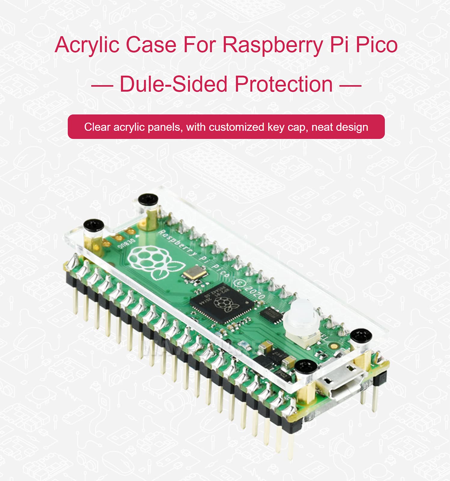 Acrylic Protection Case for Raspberry Pi Pico, Dule-Sided Protection, Clear Acrylic Panels, with Customized Key Cap, Pinheaders/Connectors Accessible, Compatible with Expander/Breadboard(Case Only)