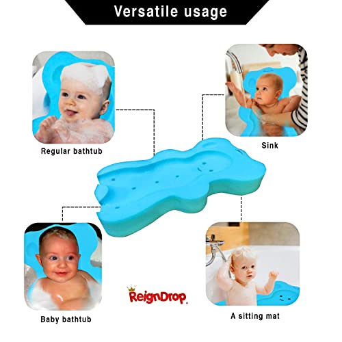ReignDrop Baby Bath Sponge Mat for Tub – Safe Fun Sponge Bath Mat, Toys for Newborns – Toddler Bathing Cushion Insert with Inbuilt Drying Hanger – Bath Time Rest and Support for Sink (Small Bear)