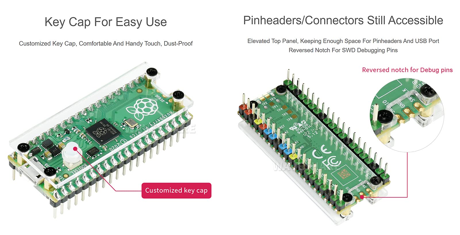 Acrylic Protection Case for Raspberry Pi Pico, Dule-Sided Protection, Clear Acrylic Panels, with Customized Key Cap, Pinheaders/Connectors Accessible, Compatible with Expander/Breadboard(Case Only)
