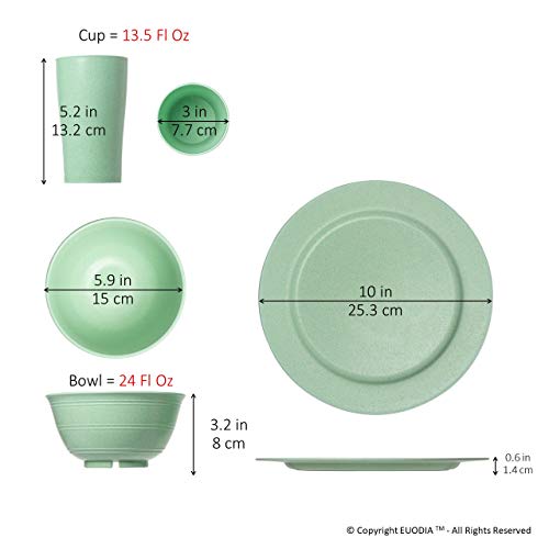 Euodia Wheat Straw Plastic Dinnerware Sets for 6 (Dinner Plates, Bowls & Cups) - Dishwasher & Microwave Safe – Unbreakable Reusable Lightweight Eco Friendly BPA Free – Outdoor Camping Dishes