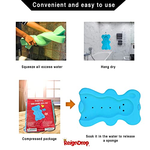 ReignDrop Baby Bath Sponge Mat for Tub – Safe Fun Sponge Bath Mat, Toys for Newborns – Toddler Bathing Cushion Insert with Inbuilt Drying Hanger – Bath Time Rest and Support for Sink (Small Bear)