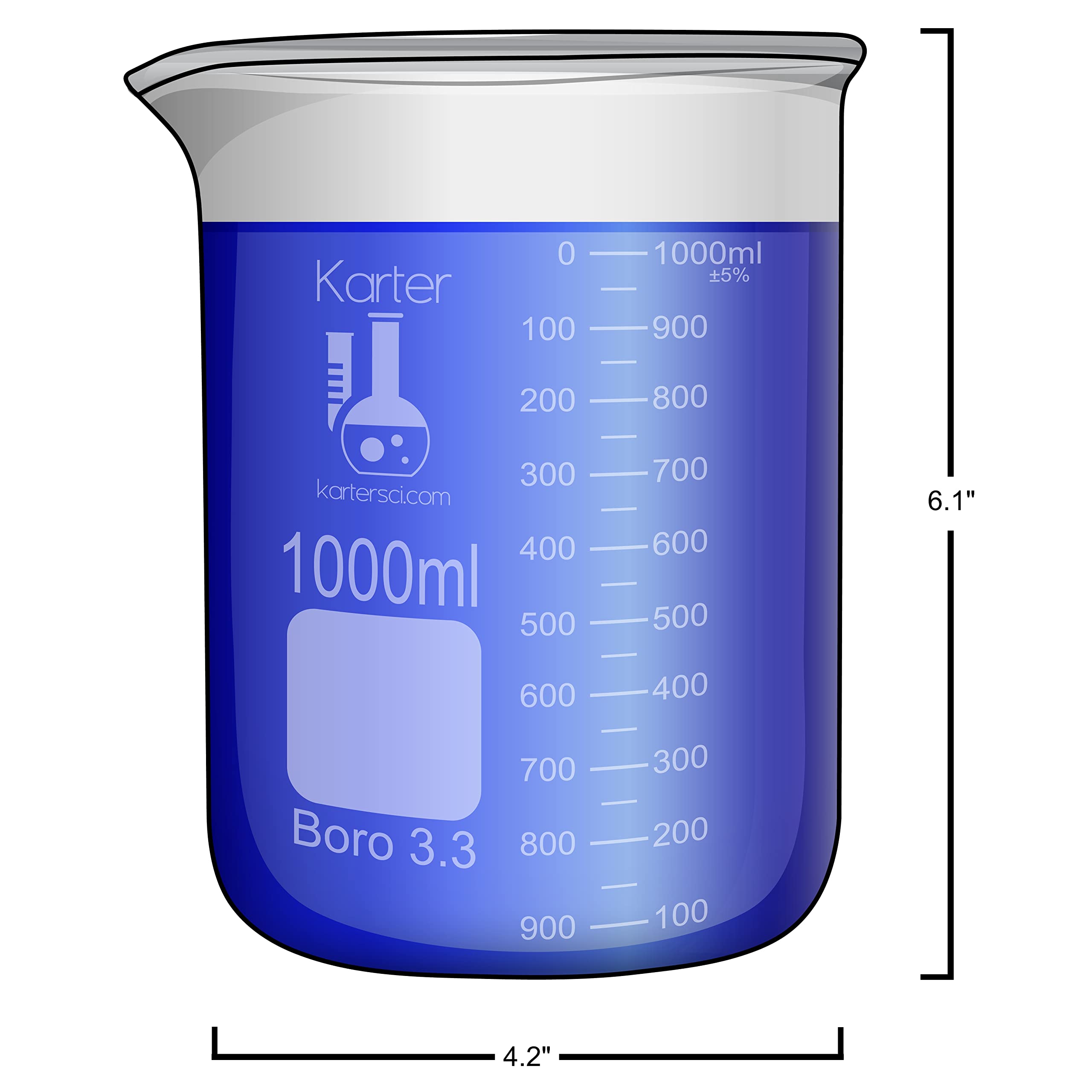 1000ml Griffin Borosilicate Glass Beaker - Low Form Graduated Measuring Beaker with Spout, Karter Scientific (Pack of 3)