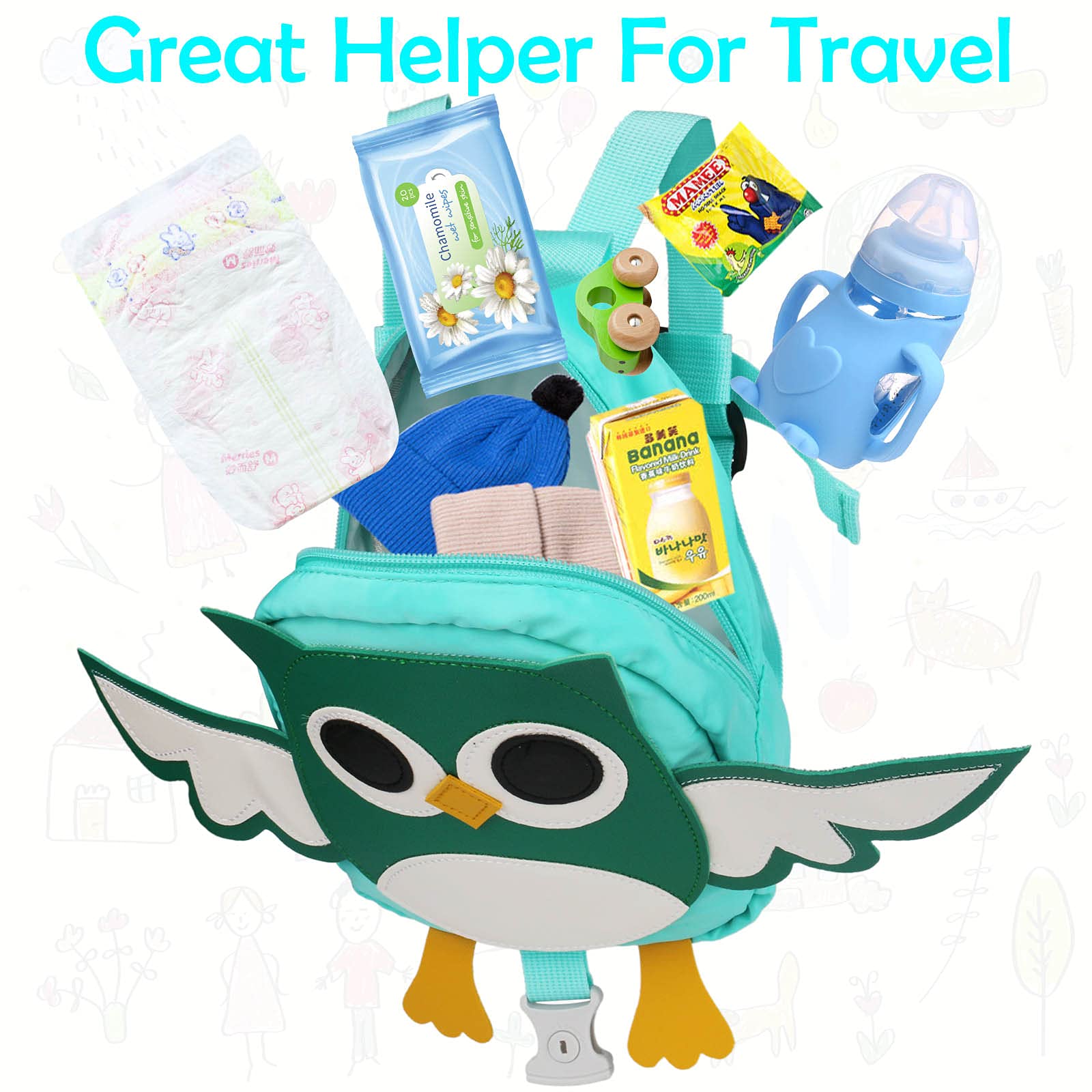Yuepin Backpack Leash for Toddlers + Anti Lost Wrist Link, Owl Kids Backpack Harness with Leash for 1-5 Years Old Boys and Girls Christmas Gift (Owl Blue)