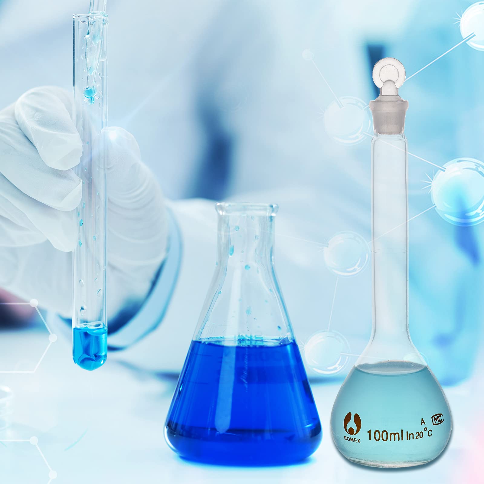 OLYCRAFT 4pcs Volumetric Flask 10ml/25ml/50ml/100ml Volumetric Flask Set with Glass Cap Durability & Chemical Resistance Glass Bottle for Laboratory Project