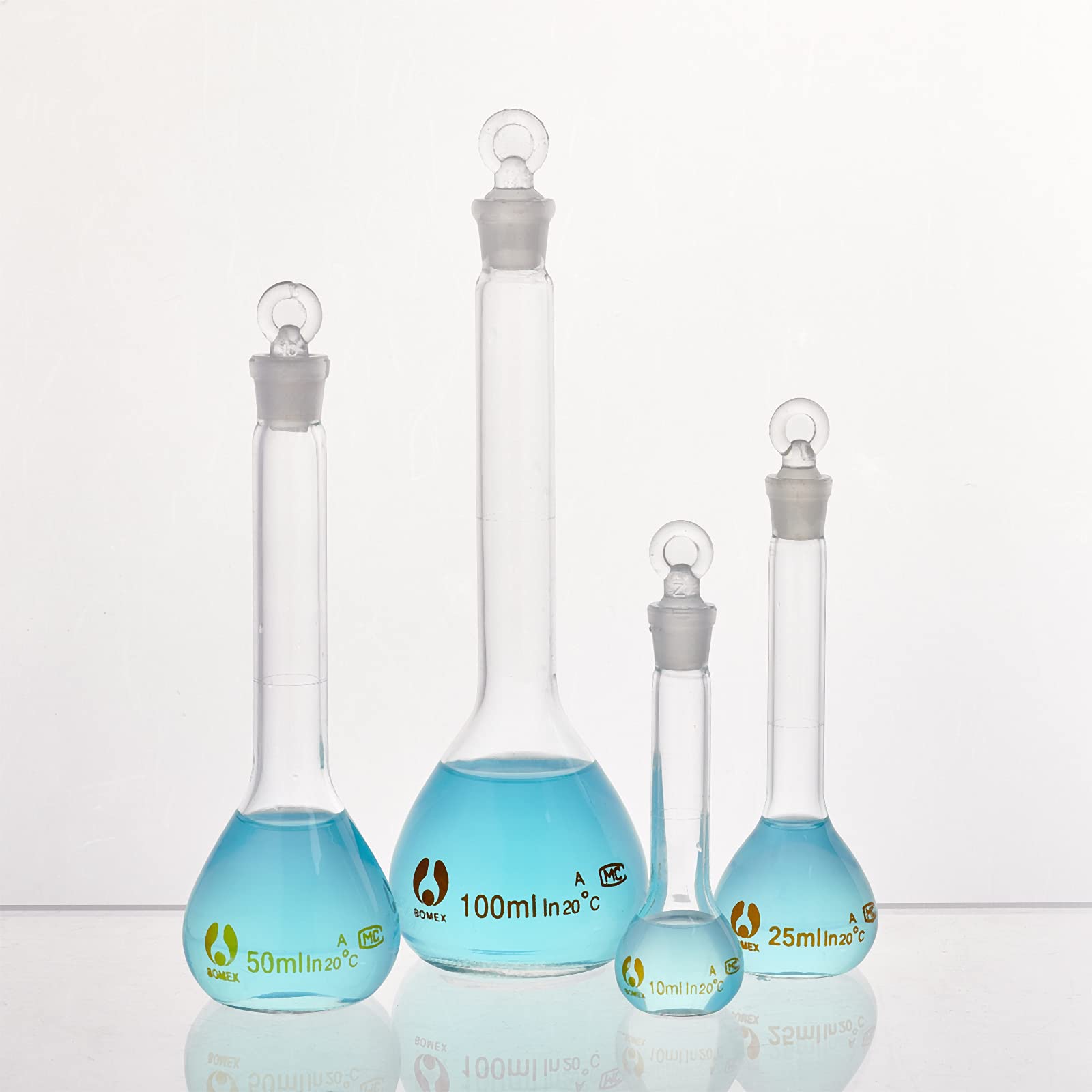 OLYCRAFT 4pcs Volumetric Flask 10ml/25ml/50ml/100ml Volumetric Flask Set with Glass Cap Durability & Chemical Resistance Glass Bottle for Laboratory Project
