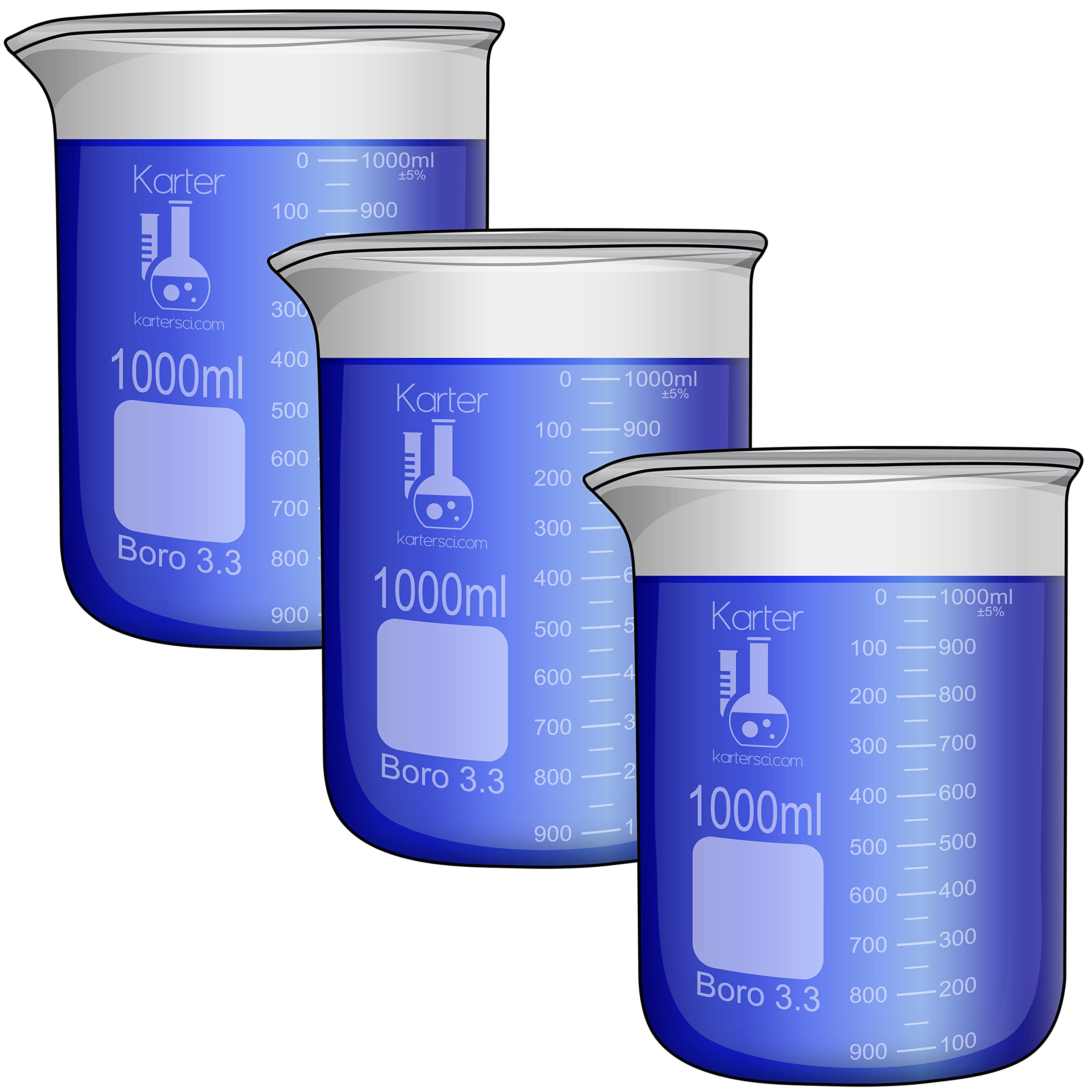 1000ml Griffin Borosilicate Glass Beaker - Low Form Graduated Measuring Beaker with Spout, Karter Scientific (Pack of 3)