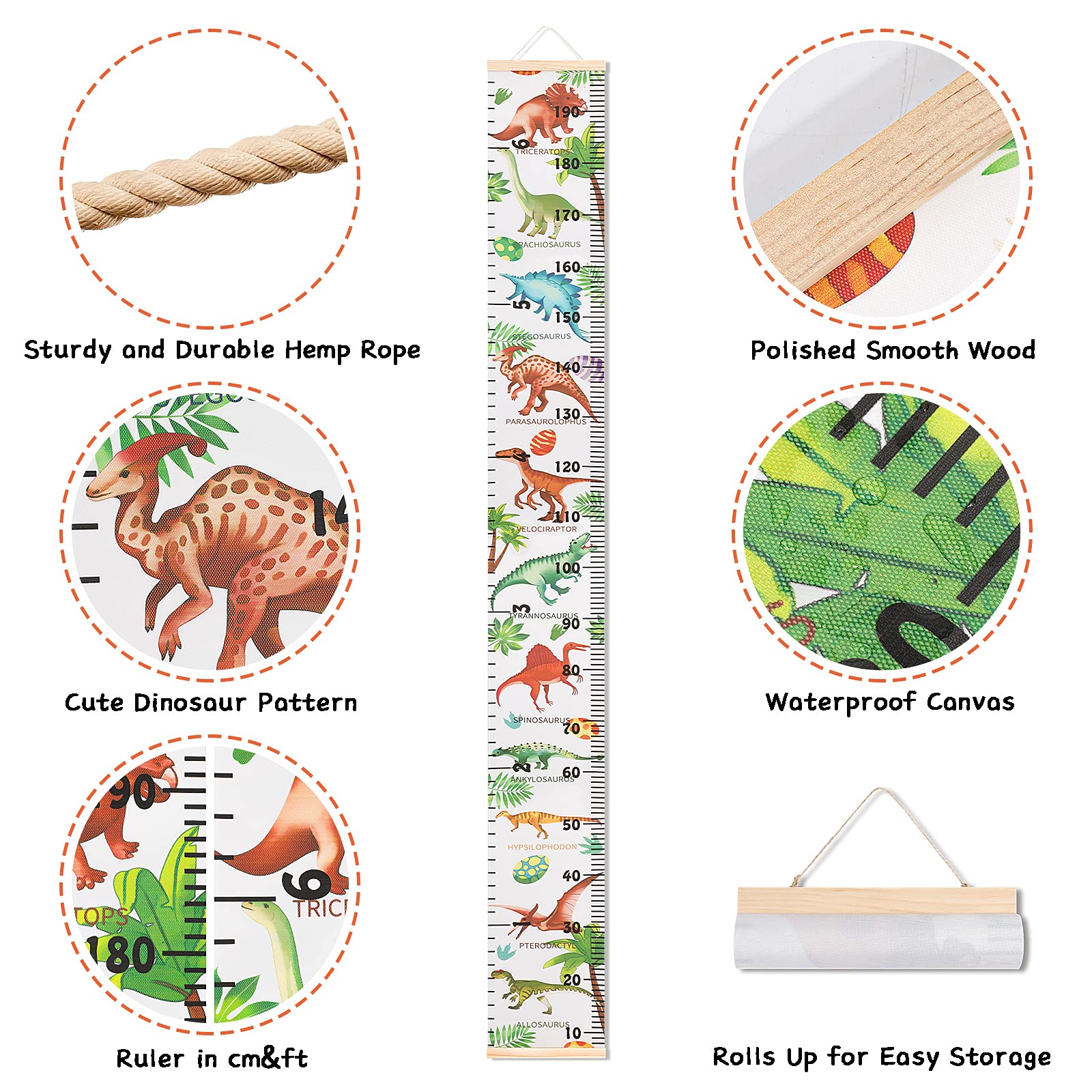HIFOT Kids Dinosaur Growth Chart Height Measuring Chart, Canvas Wall Hanging Rulers for Baby Children Kids Boys Bedroom Decor