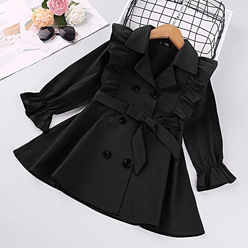 IZYJOY Toddler Baby Girl Fall Trench Coat Double Breasted Ruffle Trim Belted Winter Long Sleeve Casual Windbreaker Jacket (Black, 5-6X)