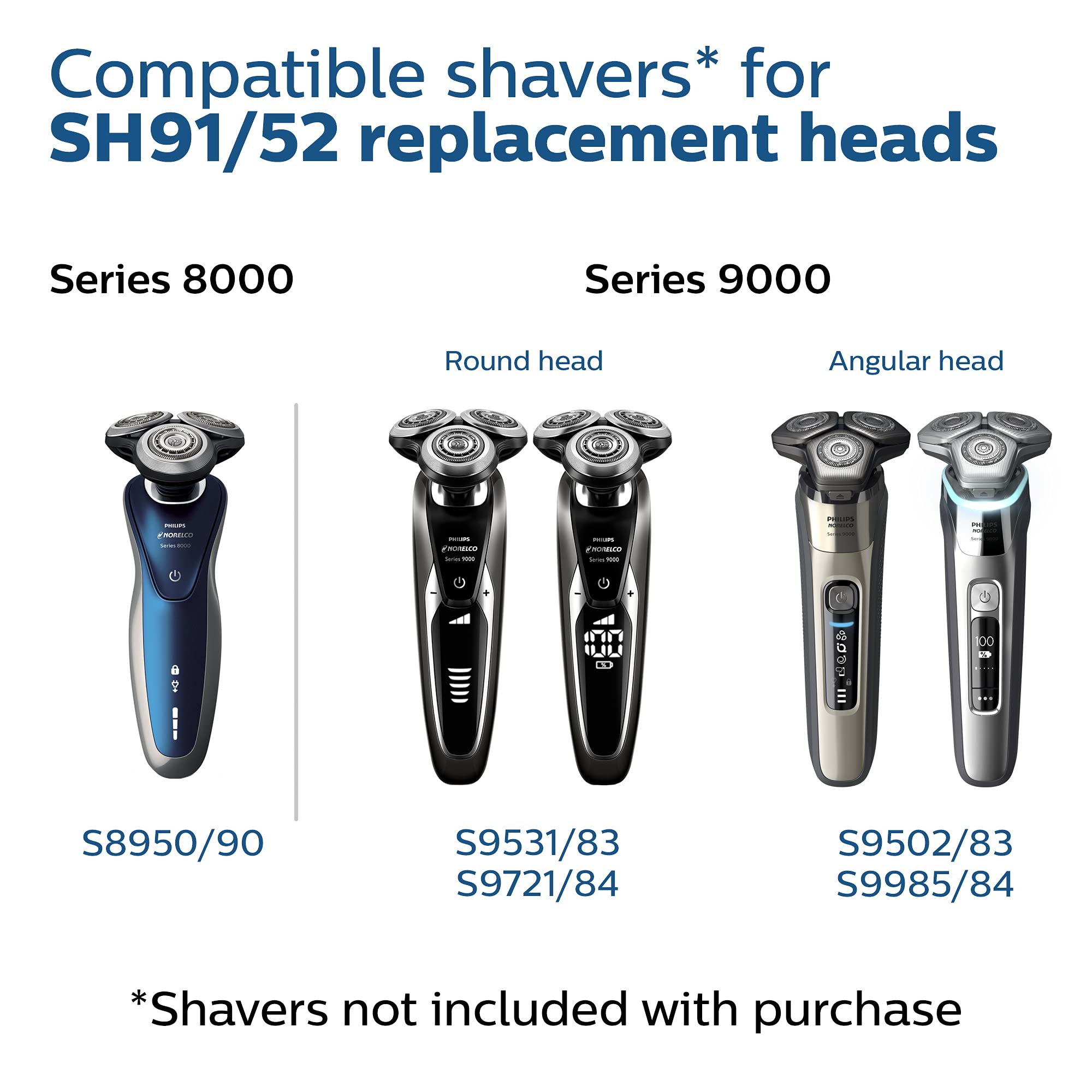 Philips Norelco Genuine SH91/52 Replacement Shaving Heads Compatible with Norelco Shaver Series S9000 and 9000 Prestige, Latest Version for Refreshed SH90/70, SH98/70, and SH98/80