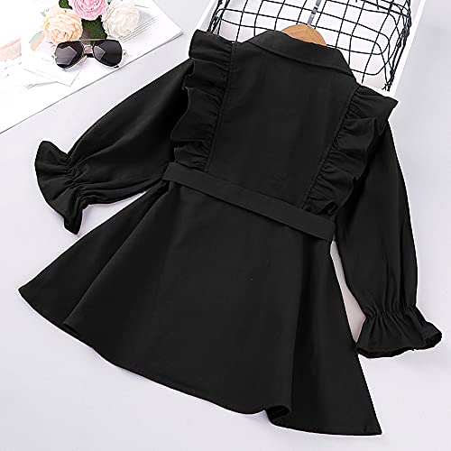 IZYJOY Toddler Baby Girl Fall Trench Coat Double Breasted Ruffle Trim Belted Winter Long Sleeve Casual Windbreaker Jacket (Black, 5-6X)