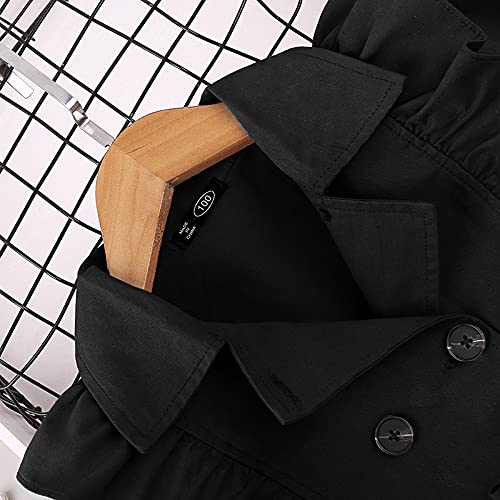 IZYJOY Toddler Baby Girl Fall Trench Coat Double Breasted Ruffle Trim Belted Winter Long Sleeve Casual Windbreaker Jacket (Black, 5-6X)
