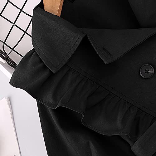 IZYJOY Toddler Baby Girl Fall Trench Coat Double Breasted Ruffle Trim Belted Winter Long Sleeve Casual Windbreaker Jacket (Black, 5-6X)