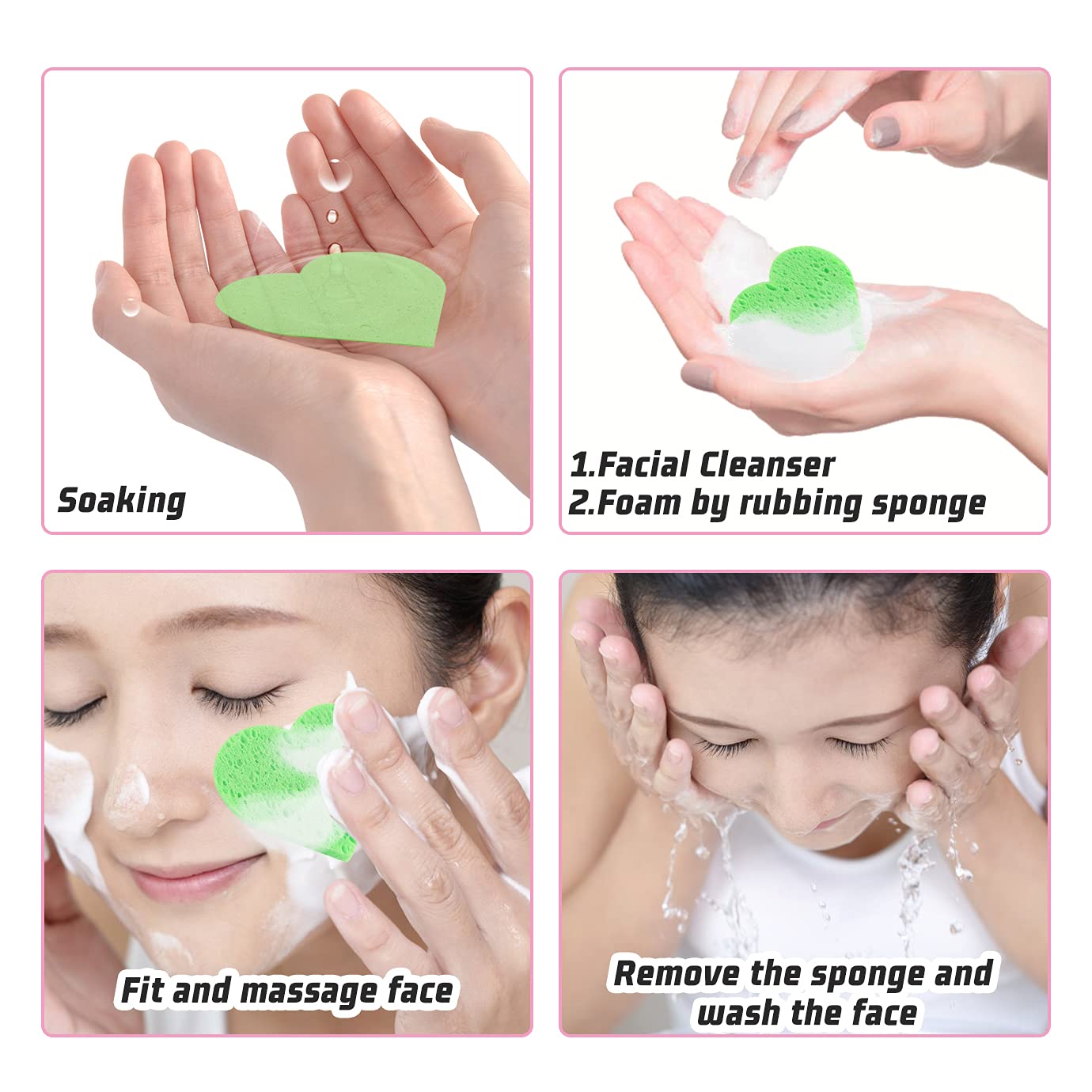 WXJ13 60 Pieces Heart Shaped Compressed Facial Sponge, Reusable Face Cleansing Sponge for Deep Facial Cleansing and Exfoliating Makeup Remover (Green, Pink, Blue)