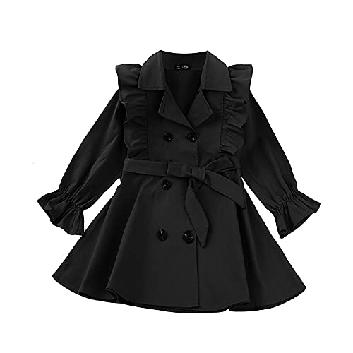 IZYJOY Toddler Baby Girl Fall Trench Coat Double Breasted Ruffle Trim Belted Winter Long Sleeve Casual Windbreaker Jacket (Black, 5-6X)