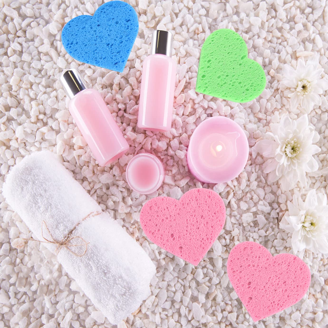 WXJ13 60 Pieces Heart Shaped Compressed Facial Sponge, Reusable Face Cleansing Sponge for Deep Facial Cleansing and Exfoliating Makeup Remover (Green, Pink, Blue)
