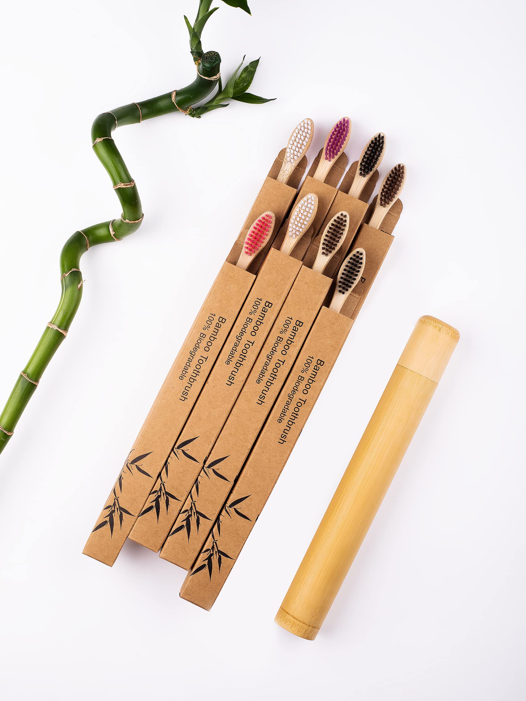 TanAisu Bamboo Toothbrushes with 10 Floss Picks, Travel Case - Biodegradable Toothbrushes (2 Brown, 2 Black, 2 White, 1 Purple, 1 Fuchsia) & Dental Floss Picks| Cover