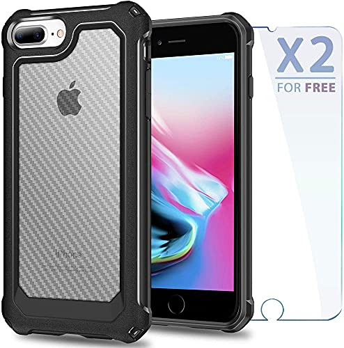 SUPBEC iPhone 8 Plus Case, iPhone 7 Plus Case, Slim Carbon Fiber Shockproof Protective Cover with Screen Protector [x2] [Military Grade Drop Protection] [Anti Scratch&Fingerprint], 5.5", Black