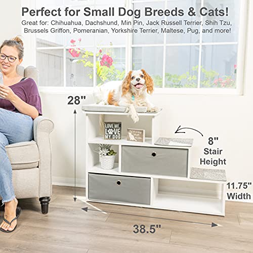 PetFusion Pet Step Window Perch Bookshelf w/ Storage Baskets |28β Tall Dog & Cat Perch, 8β Stair Height |Multi-Functional Modern Pet Furniture w/ Carpeted Step Pads & 1β Thick Premium Foam Perch Pad
