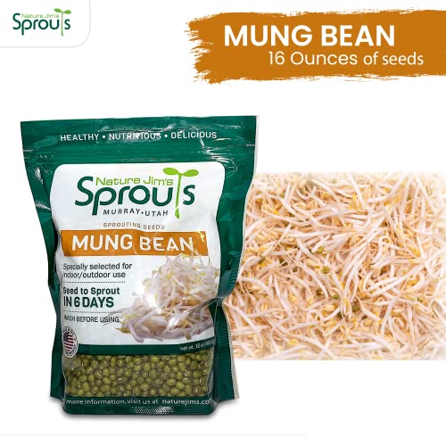 Nature Jims Mung Bean Sprout Seeds β 16 Oz Sprouting Seeds β Premium Mung Bean Seeds β NON GMO- Resealable Bag for Longer Freshness β Rich in Vitamins, Minerals, Fiber