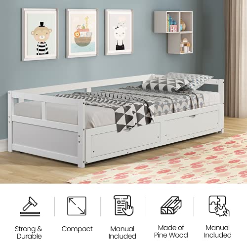 Hanway Twin Daybed with Two Drawers - White Solid Pine Wood Material - Extendable to King Size Bed Frame with Extra Storage Drawers β Elegant Furniture for Compact Rooms