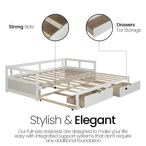 Hanway Twin Daybed with Two Drawers - White Solid Pine Wood Material - Extendable to King Size Bed Frame with Extra Storage Drawers β Elegant Furniture for Compact Rooms