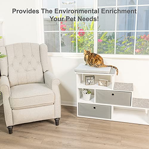 PetFusion Pet Step Window Perch Bookshelf w/ Storage Baskets |28β Tall Dog & Cat Perch, 8β Stair Height |Multi-Functional Modern Pet Furniture w/ Carpeted Step Pads & 1β Thick Premium Foam Perch Pad