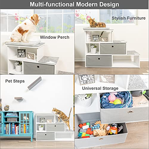 PetFusion Pet Step Window Perch Bookshelf w/ Storage Baskets |28β Tall Dog & Cat Perch, 8β Stair Height |Multi-Functional Modern Pet Furniture w/ Carpeted Step Pads & 1β Thick Premium Foam Perch Pad